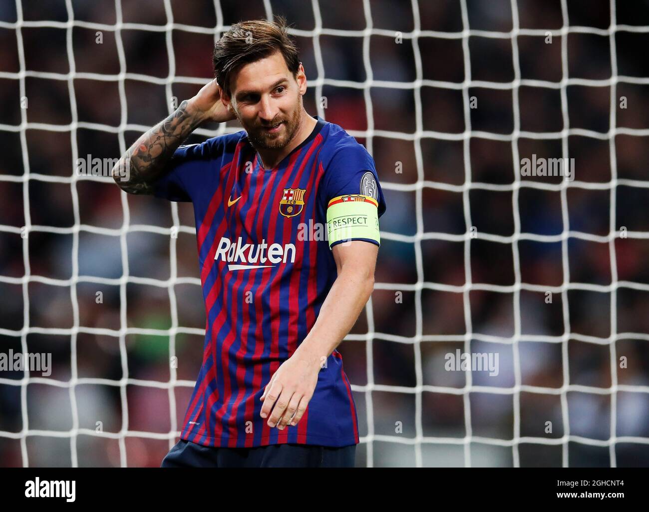 Barcelona's Lionel Messi reacts after missing a chance during the UEFA ...