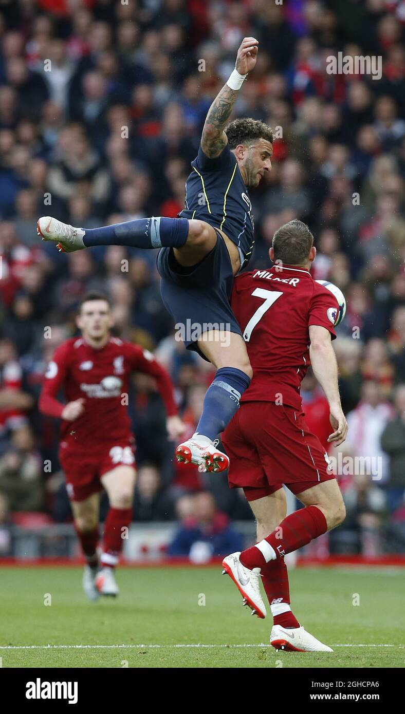 Kyle Walker of Manchester City challenges James Milner of Liverpool ...