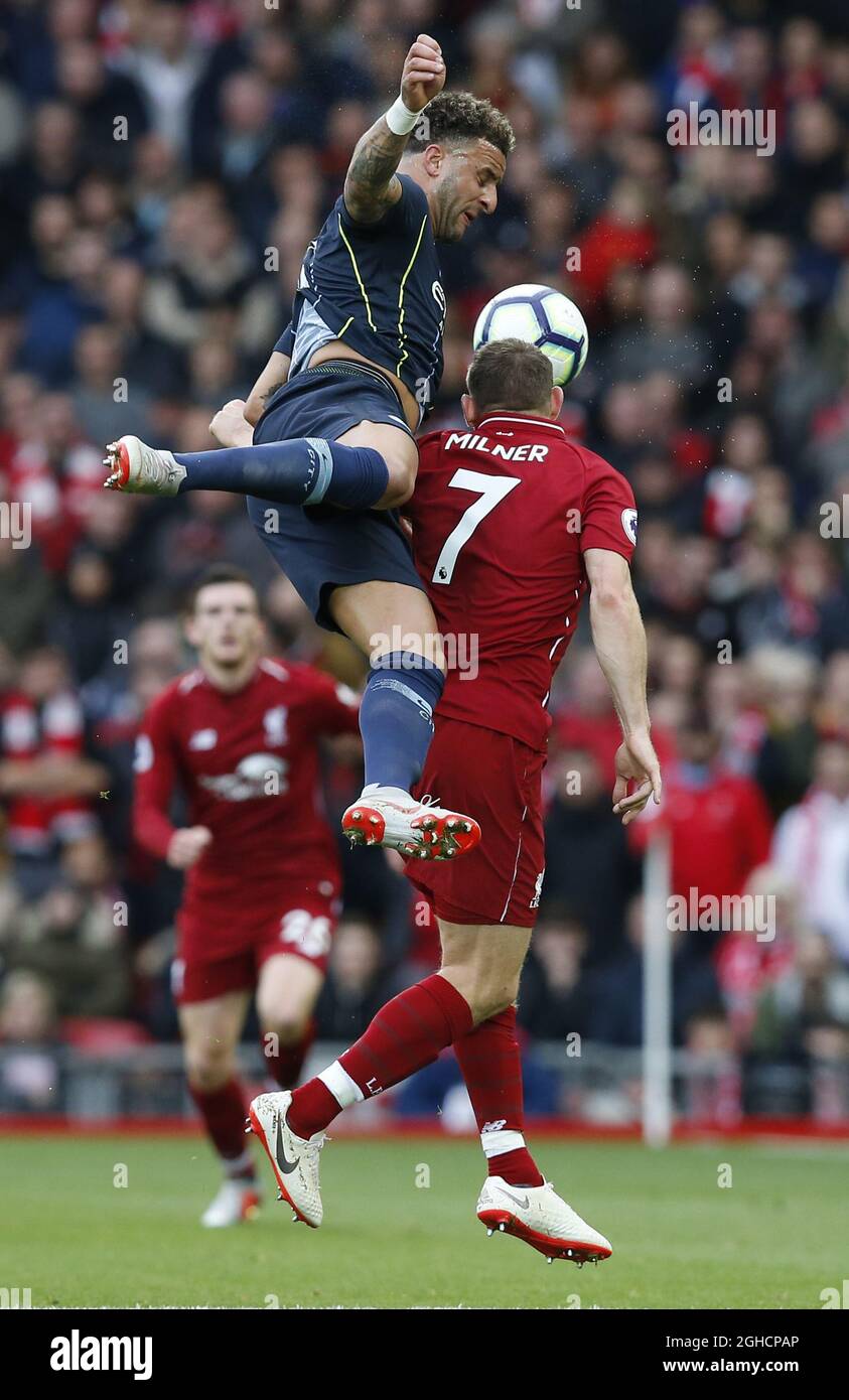 Kyle Walker of Manchester City challenges James Milner of Liverpool ...