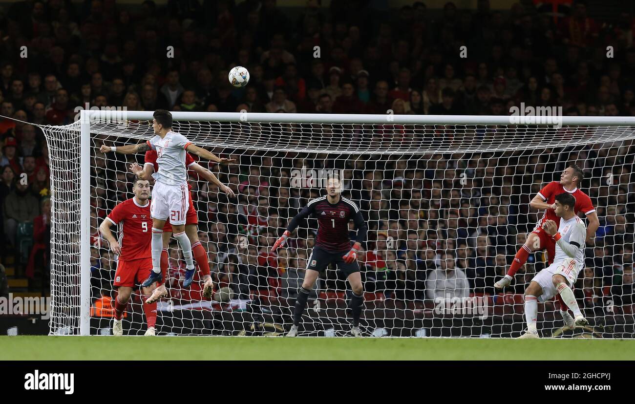 Marc Bartra of Spain scores a goal with his head during the ...