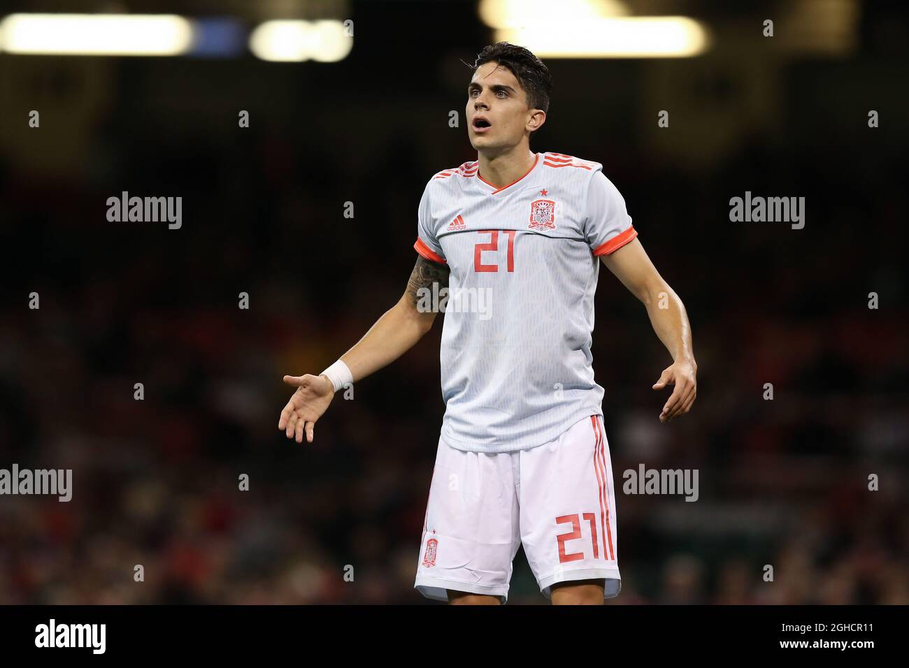 Marc Bartra of Spain gestures to the referee during the International ...