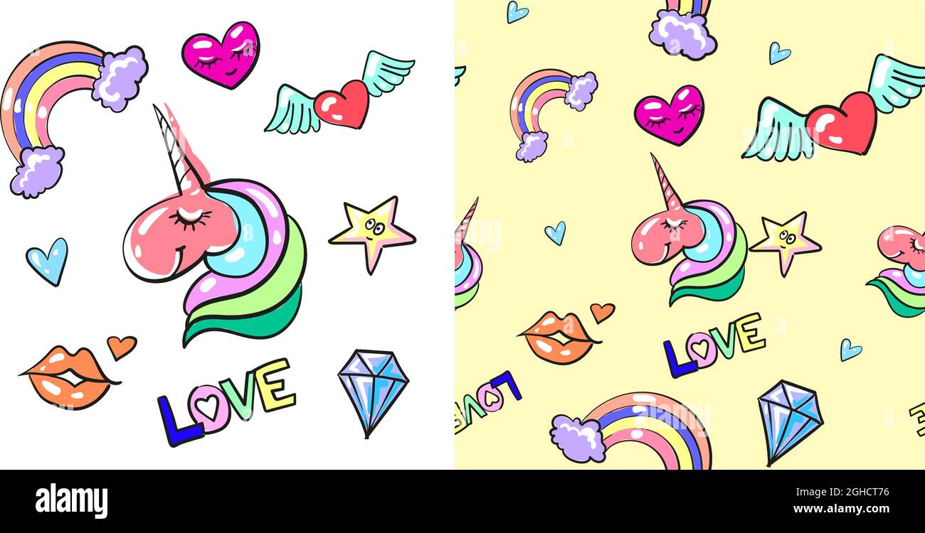 Vector seamless pattern and fashion cute love patches set Stock Vector ...