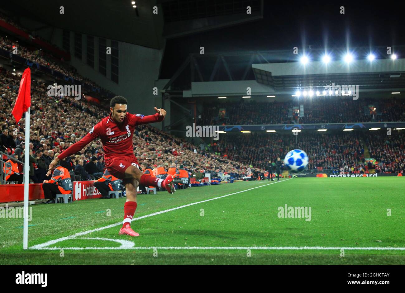 Liverpool's Trent Alexander-Arnold takes a corner during the UEFA ...