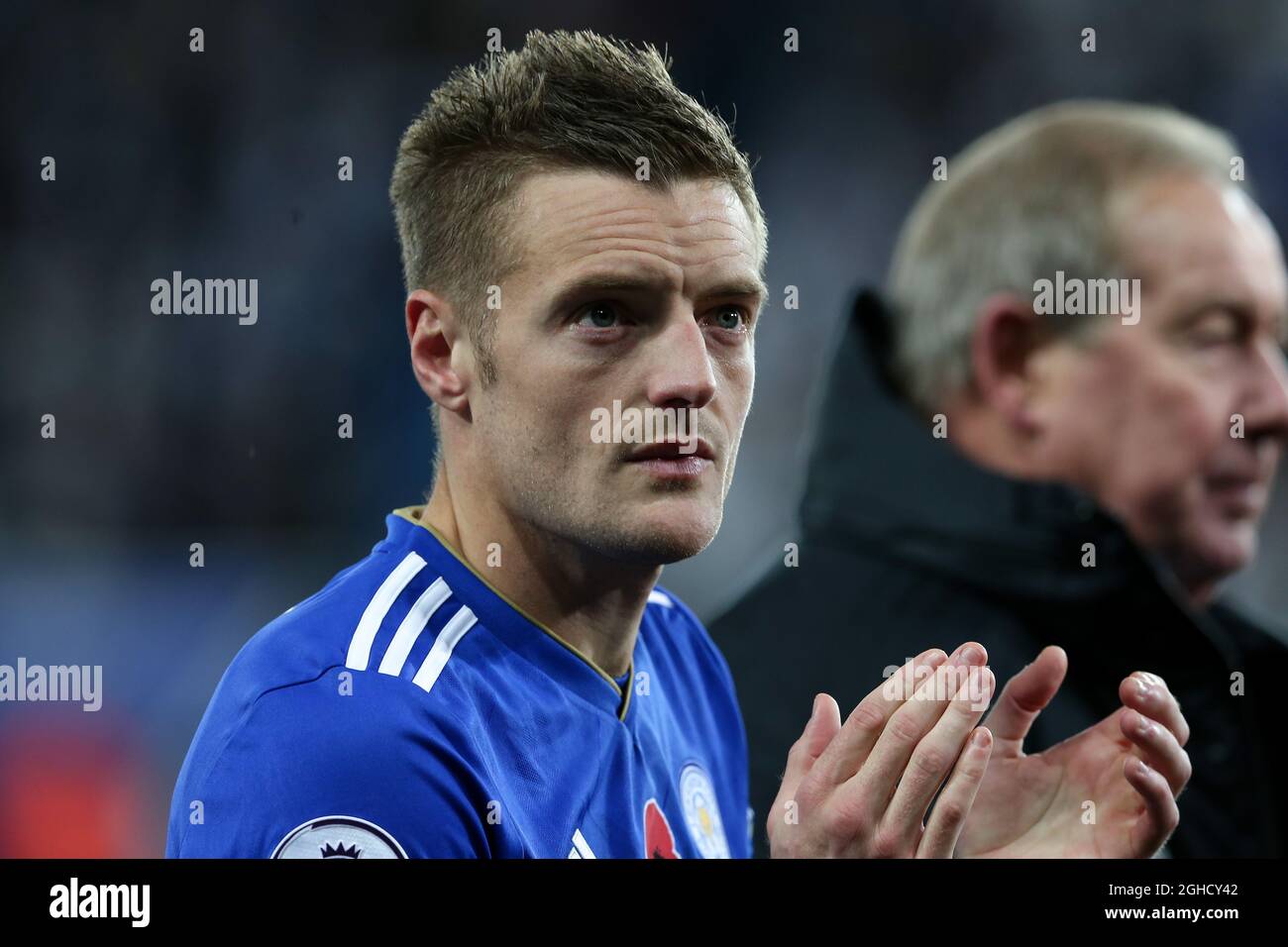 Jamie Vardy of Leicester City looks close to tears during a walk around ...