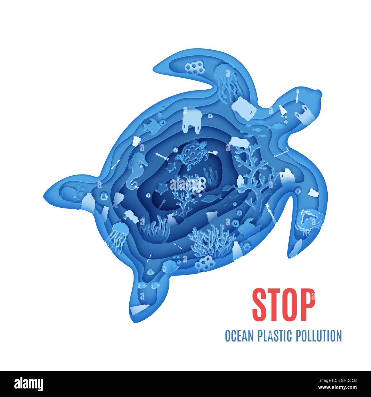 Silhouette of a turtle cut out of paper and ocean pollution banner ...