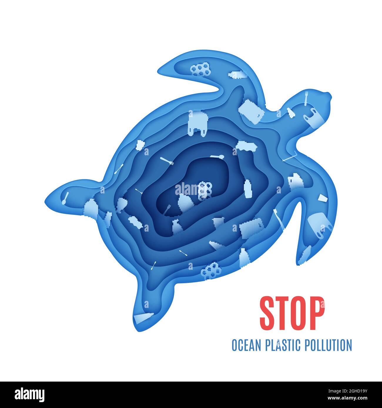 Silhouette of a turtle cut out of paper and stop ocean pollution banner ...