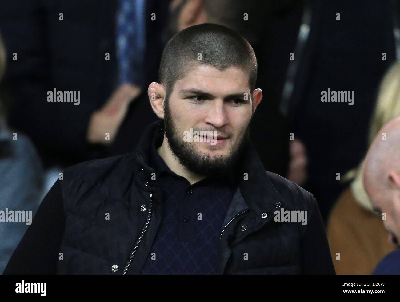UFC fighter Khabib Nurmagomedov watches from the stand during the UEFA ...