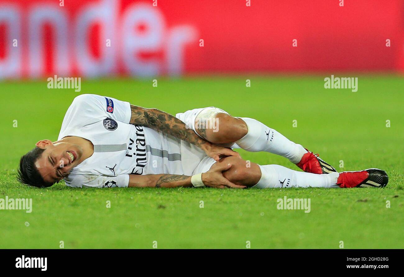 Angel di Maria of Paris Saint-Germain picks up an injury during the ...