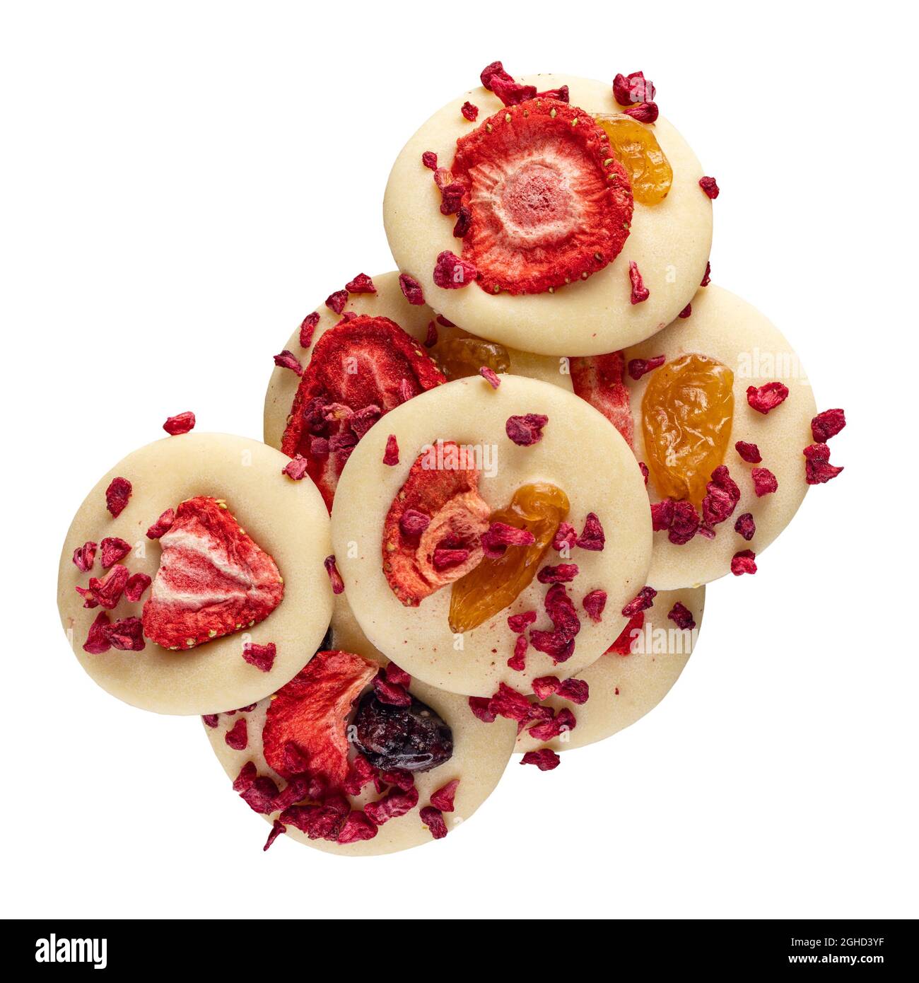 Homemade white chocolate pralines with dried fruits isolated on white ...