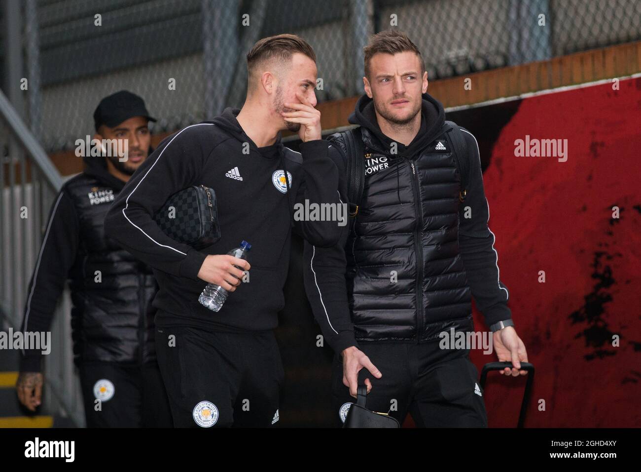 James Maddison and Jamie Vardy of Leicester City arrive before the ...