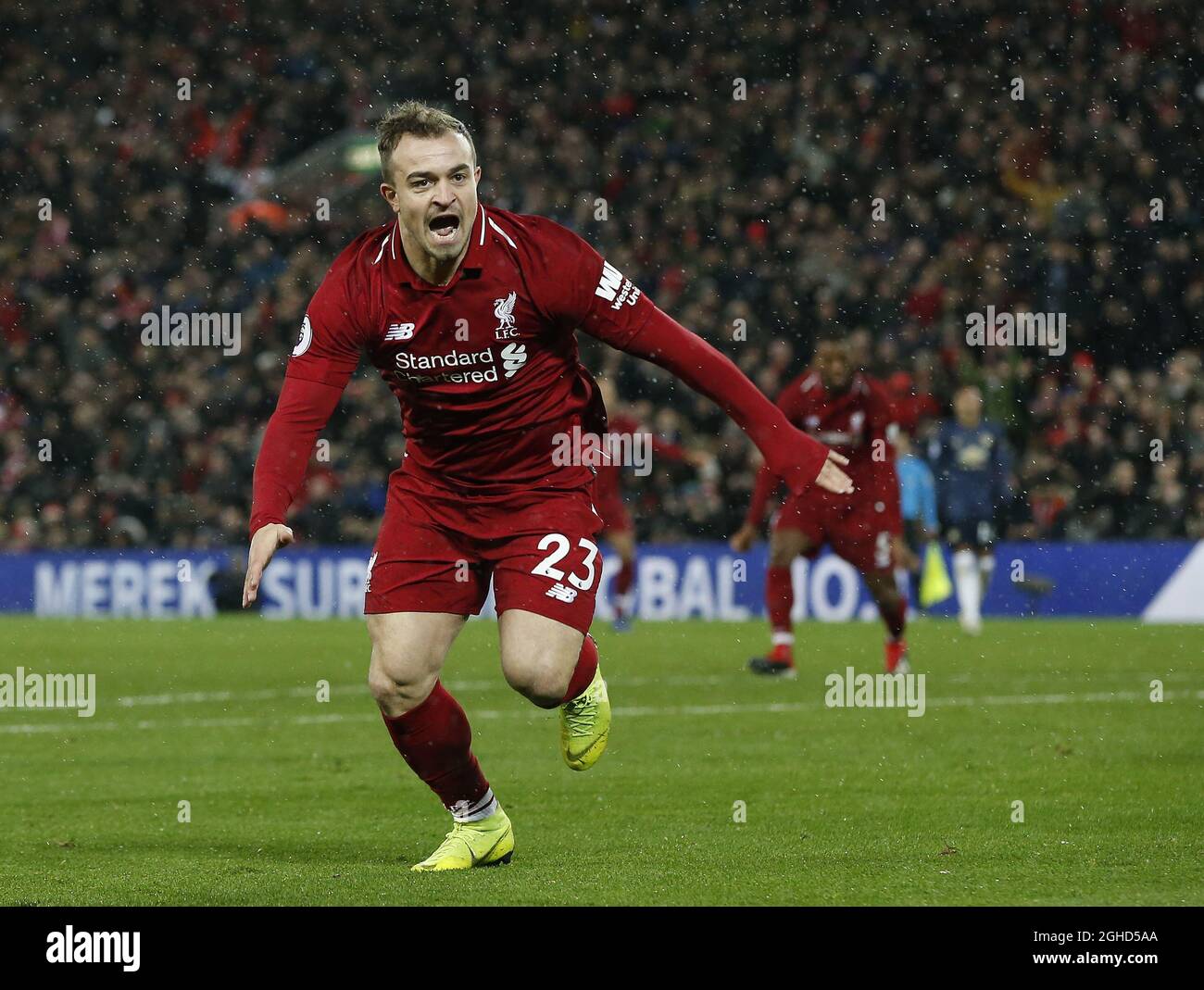 Xherdan Shaqiri of Liverpool celebrate scoring the second goal during ...