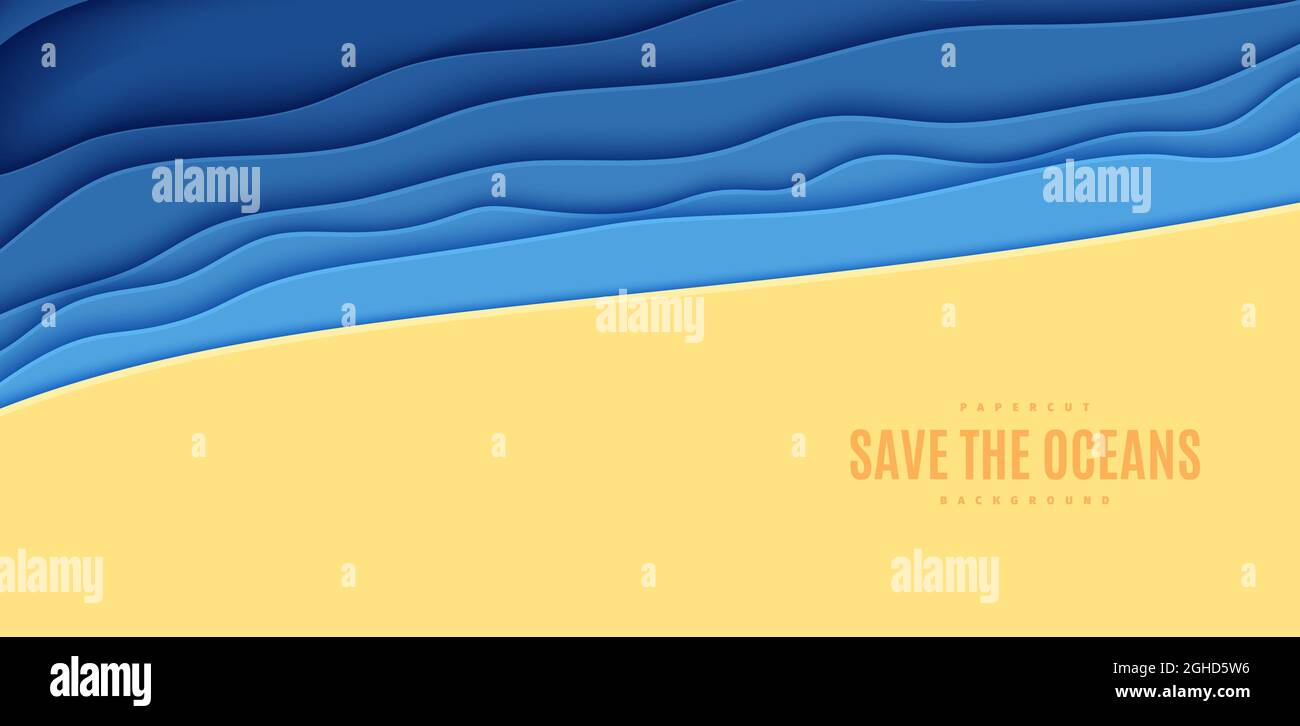 Abstract horizontal background in cut paper style. Cutout blue sea wave ...