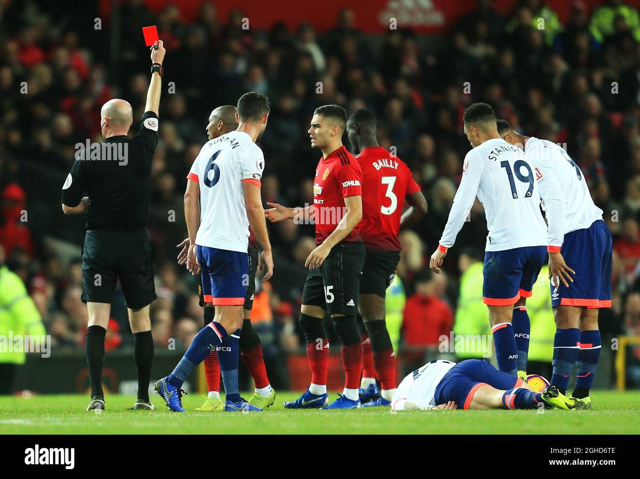 Manchester United's Eric Bailly is shown a red card and is sent off ...