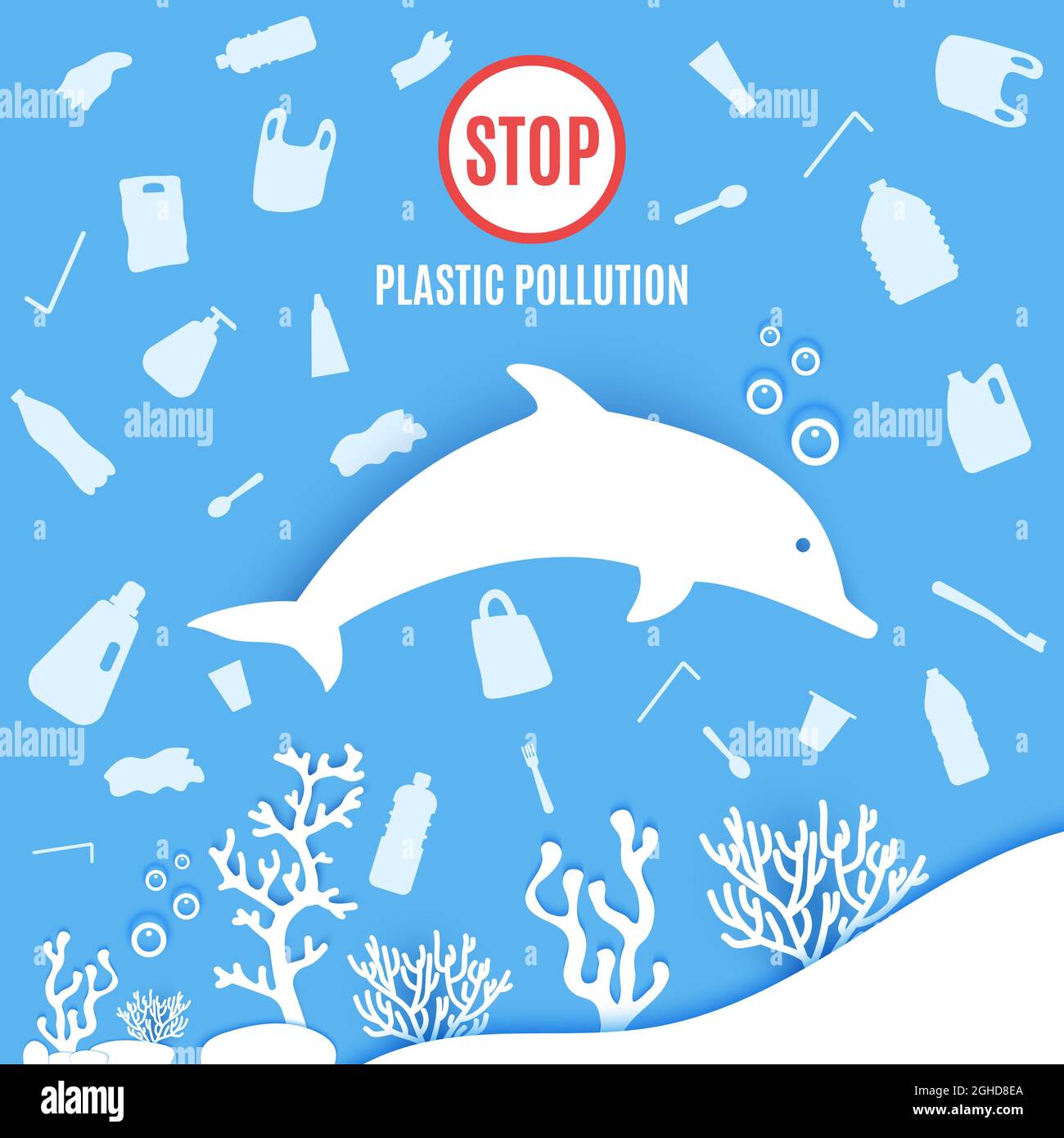 Dolphin under sea plastic trash floats around in paper cut style ...