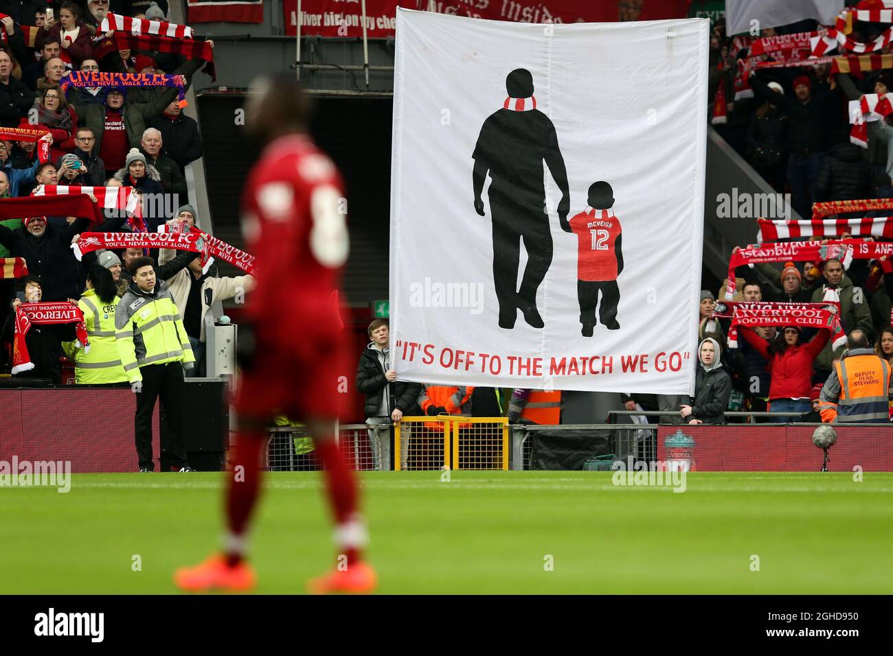 A banner in the crowd reads 'It's off to the match we go' during the ...