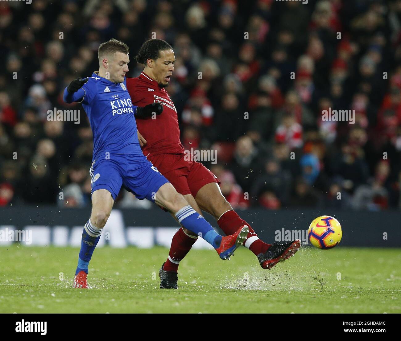 Jamie Vardy of Leicester City tackles Virgil van Dijk of Liverpool ...