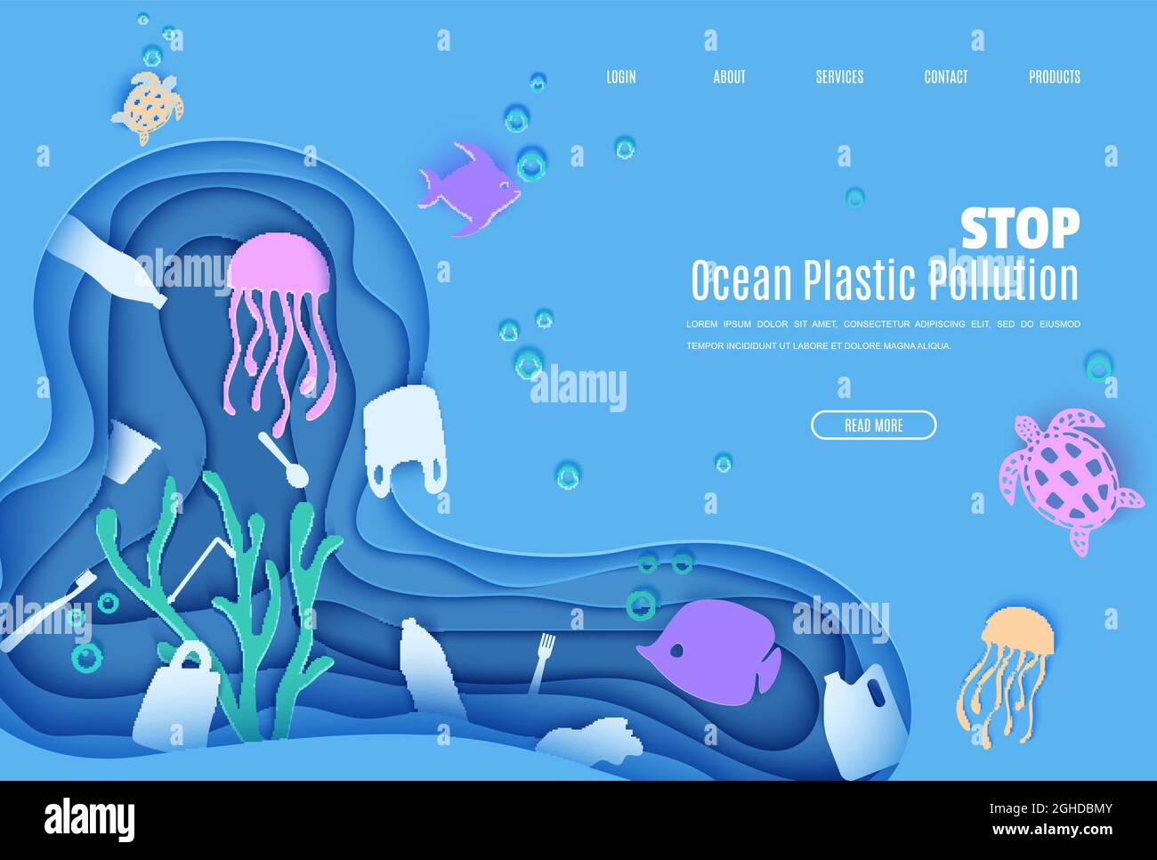 Web page design template stop ocean plastic pollution in paper cut ...