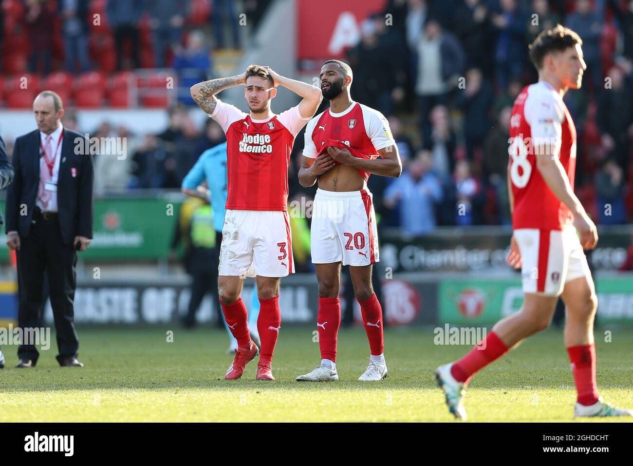 Joe Mattock and Michael Ihiekwe of Rotherham United look gutted after ...