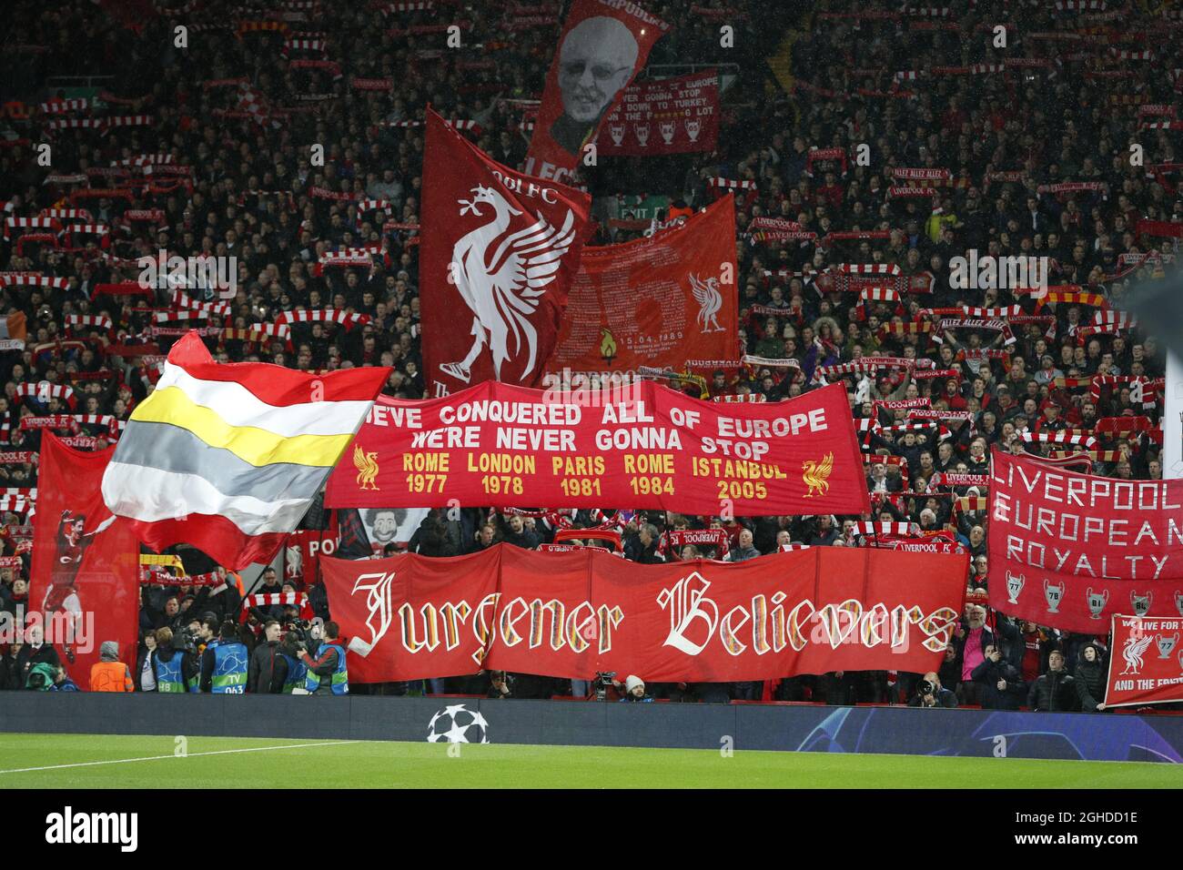 The Liverpool Spion Kop during the UEFA Champions League Round of 16 ...