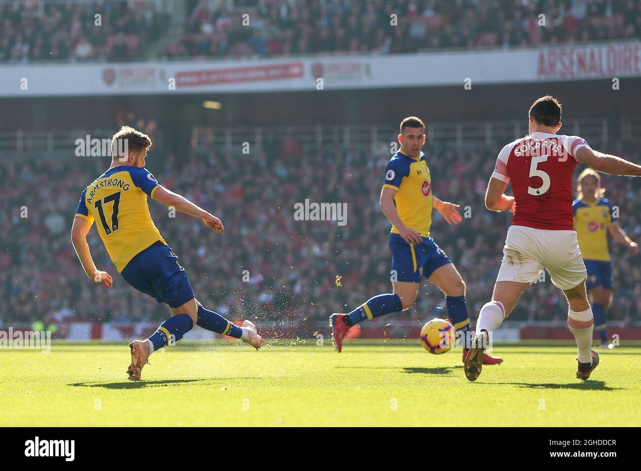 Stuart Armstrong (L) of Southampton shoots during the Premier League ...