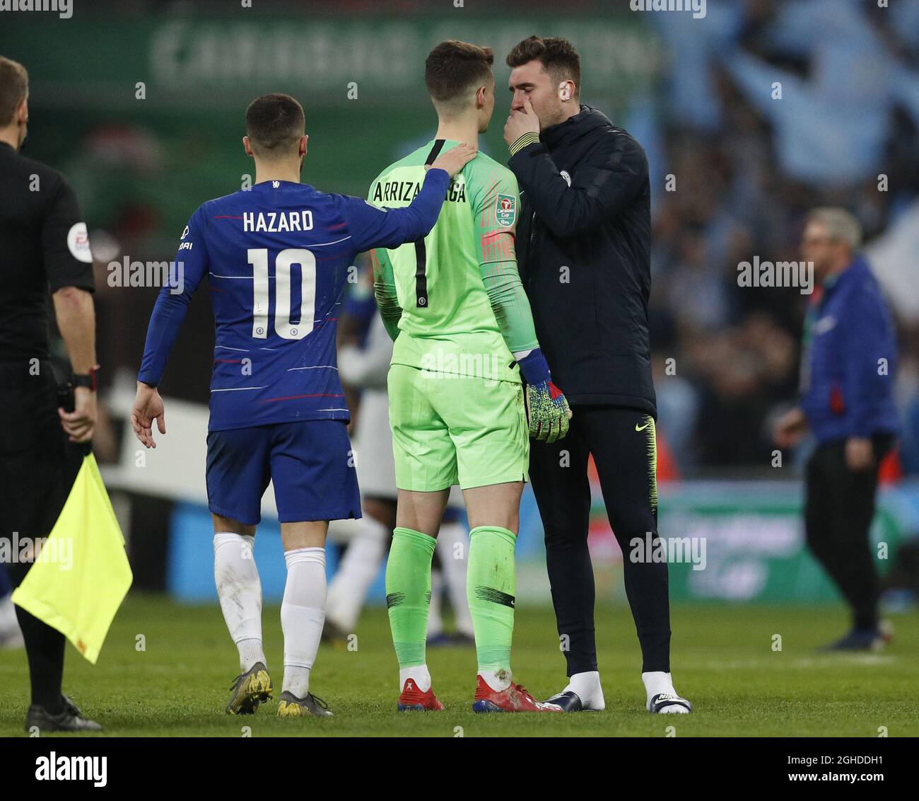 Kepa Arrizabalaga of Chelsea consoled by Eden Hazard of Chelsea during ...