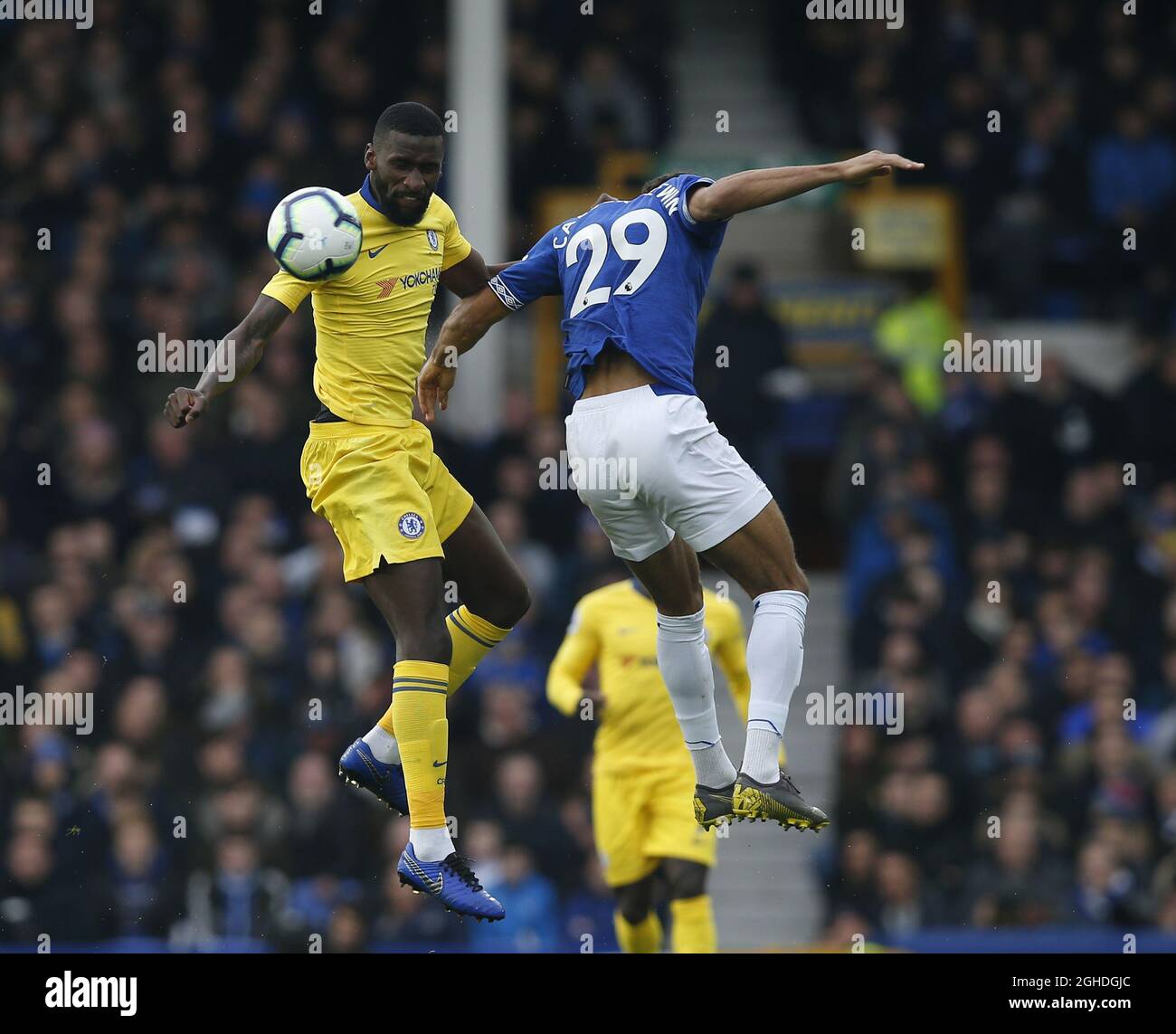 Antonio Rudiger of Chelsea challenges Dominic Calvert Lewin of Everton ...