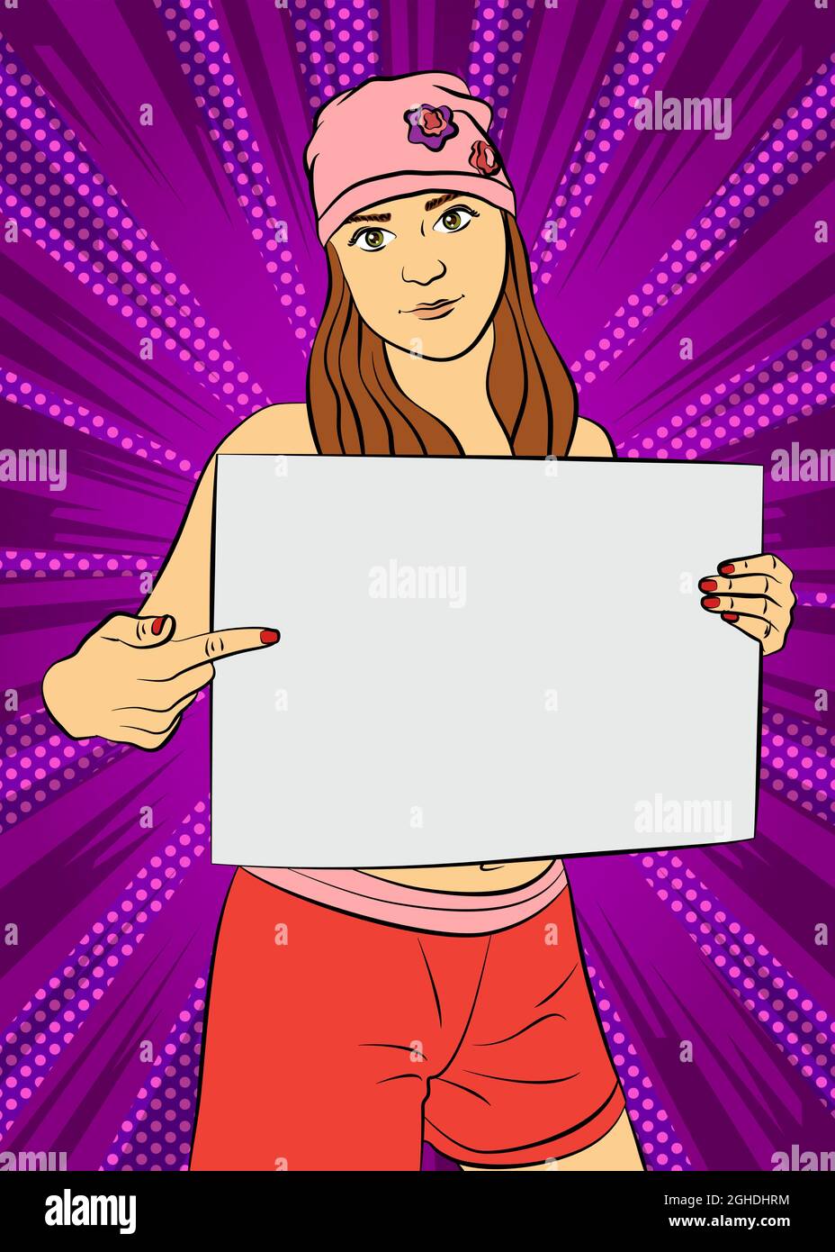 Comic book illustrated happy woman holding a blank board. Portrait of ...