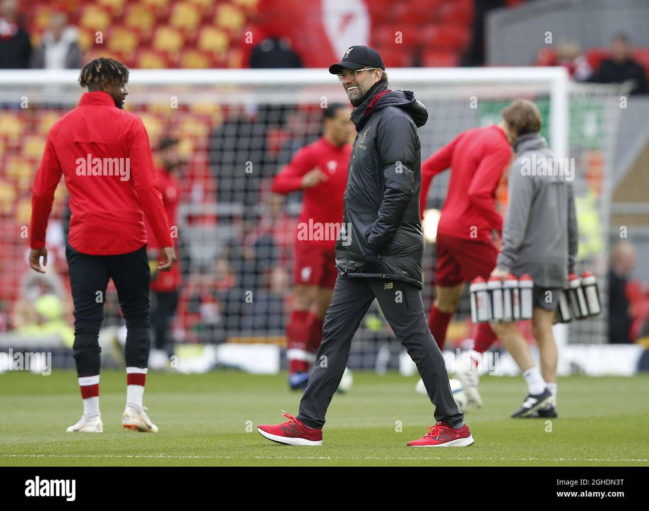 Jurgen Klopp manager of Liverpool smiles as he watches the warm up ...
