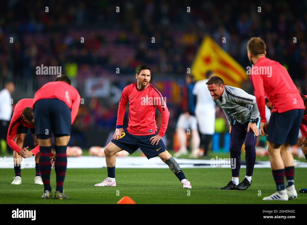 Lionel Messi of FC Barcelona during the pre-match warm-up during the ...