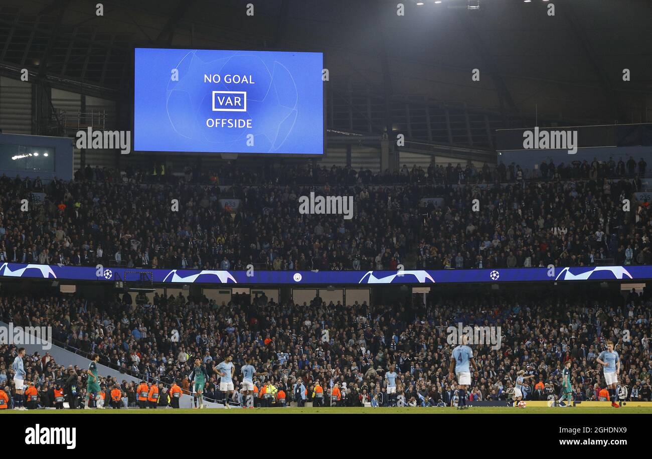The stadium sign says no goal during the UEFA Champions League match at ...
