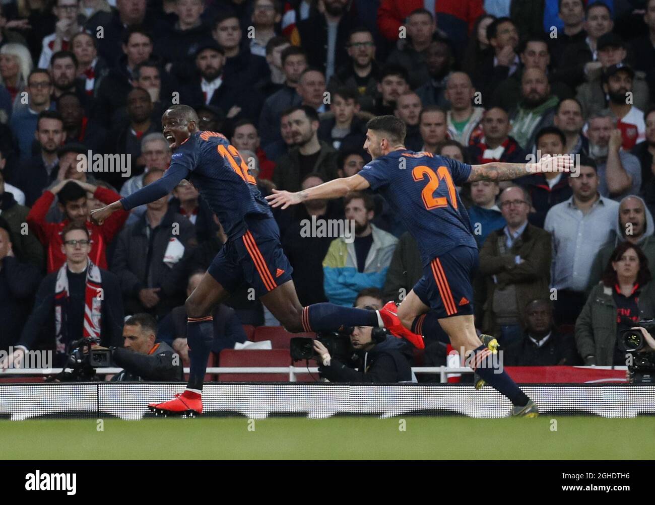 Mouctar Diakhaby of Valencia (l) celebrates scoring their first goal ...
