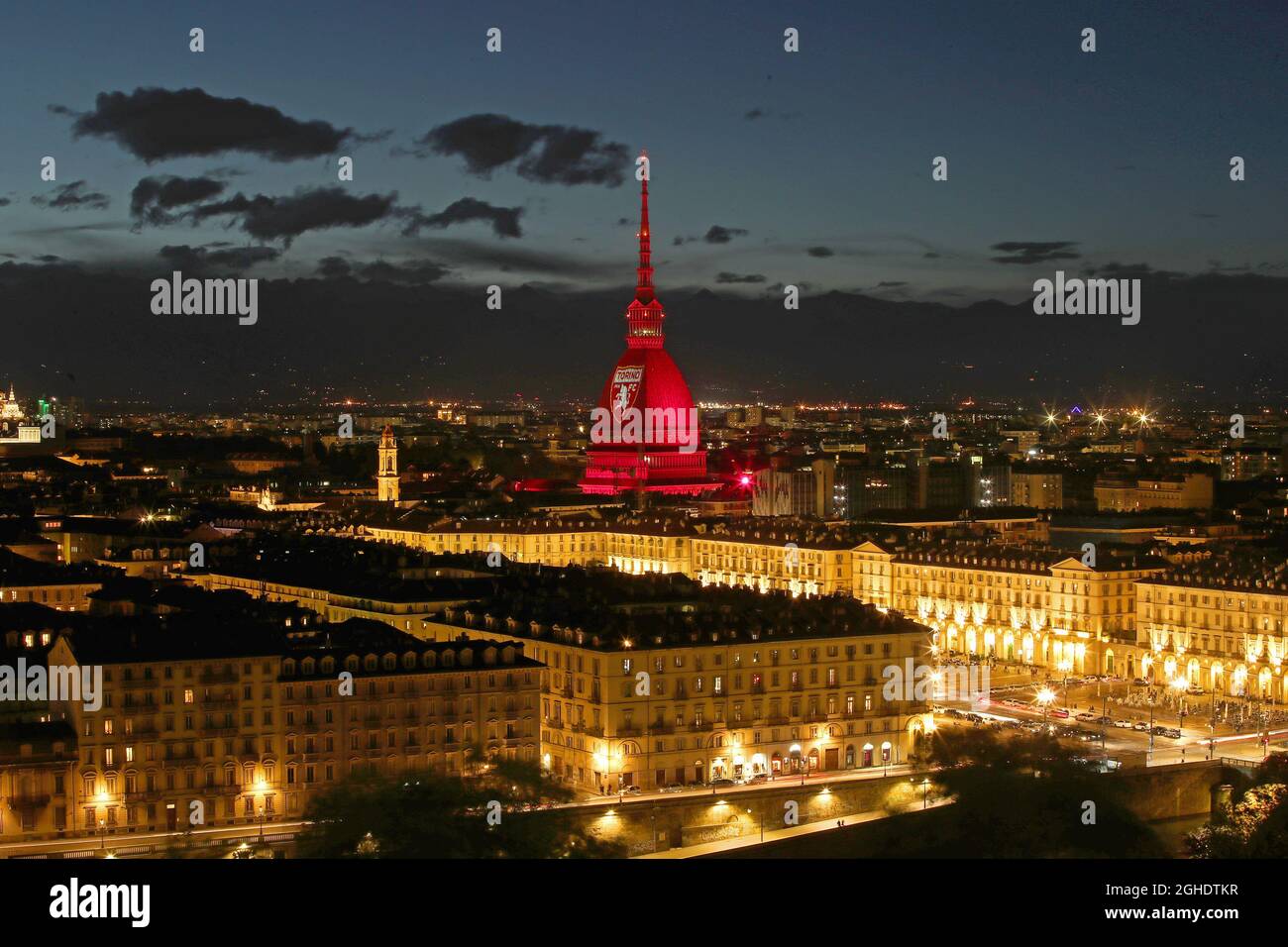 The Mole Antonelliana is illuminated in the colours of Torino FC to ...