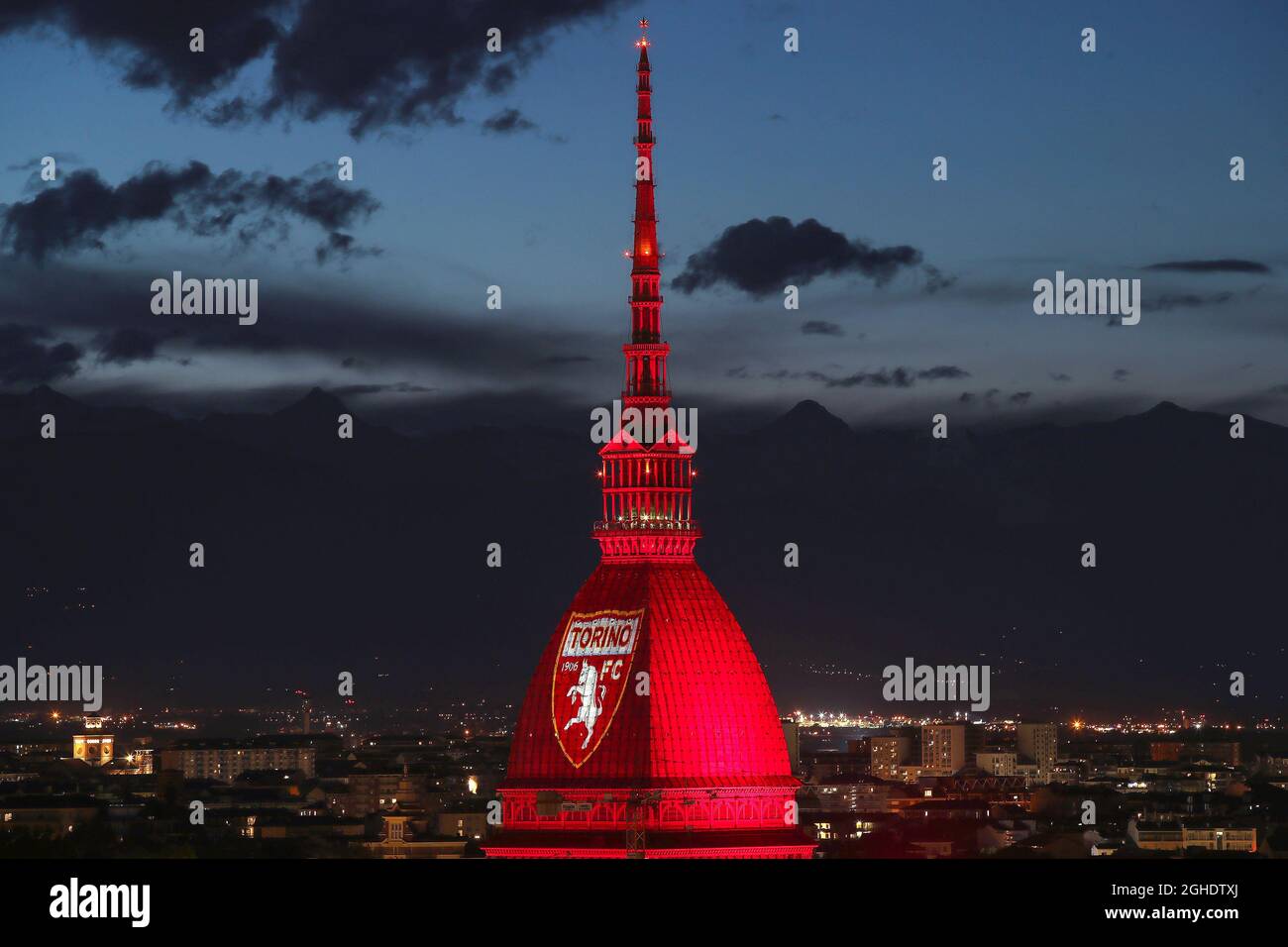 The Mole Antonelliana is illuminated in the colours of Torino FC to ...
