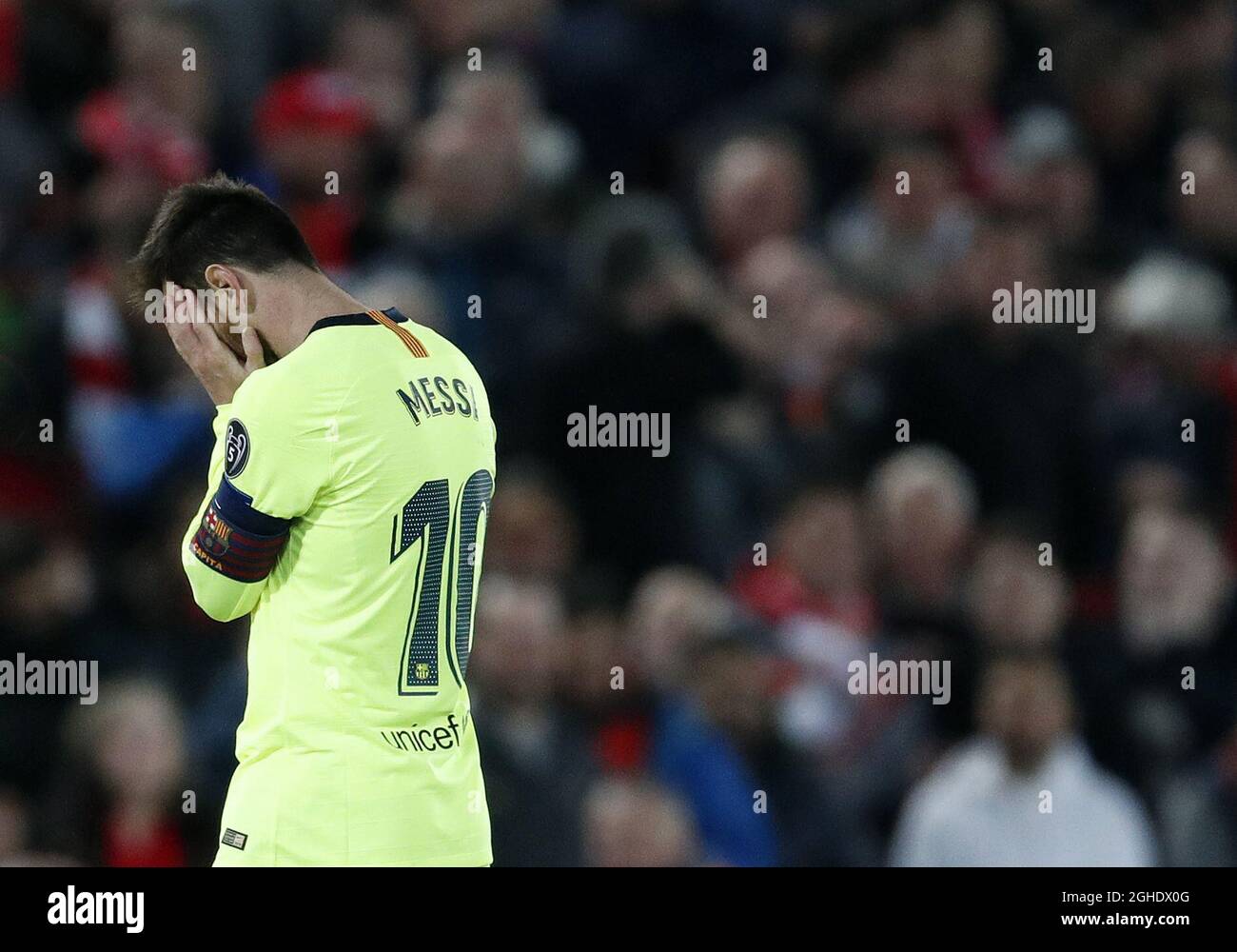 Barcelona's Lionel Messi looks on dejected during the UEFA Champions ...