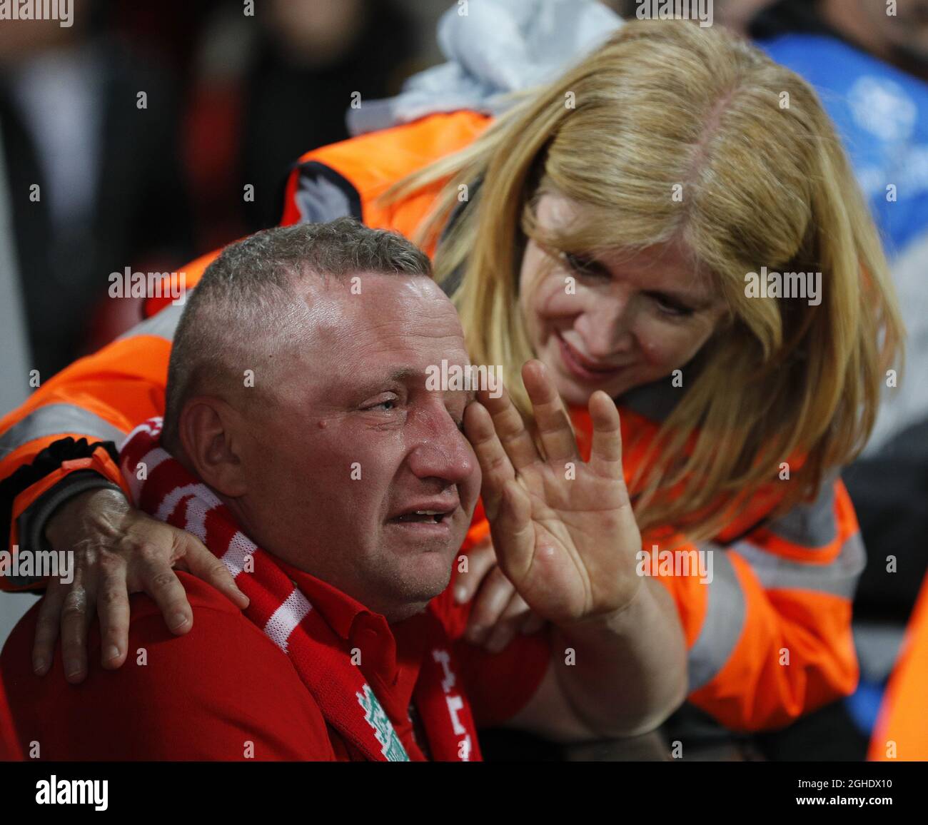 A Liverpool fan in tears at the final whistle during the UEFA Champions ...