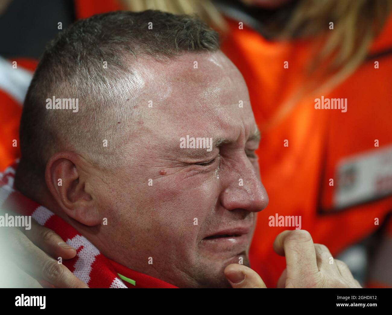 A Liverpool fan cries at the final whistle during the UEFA Champions ...