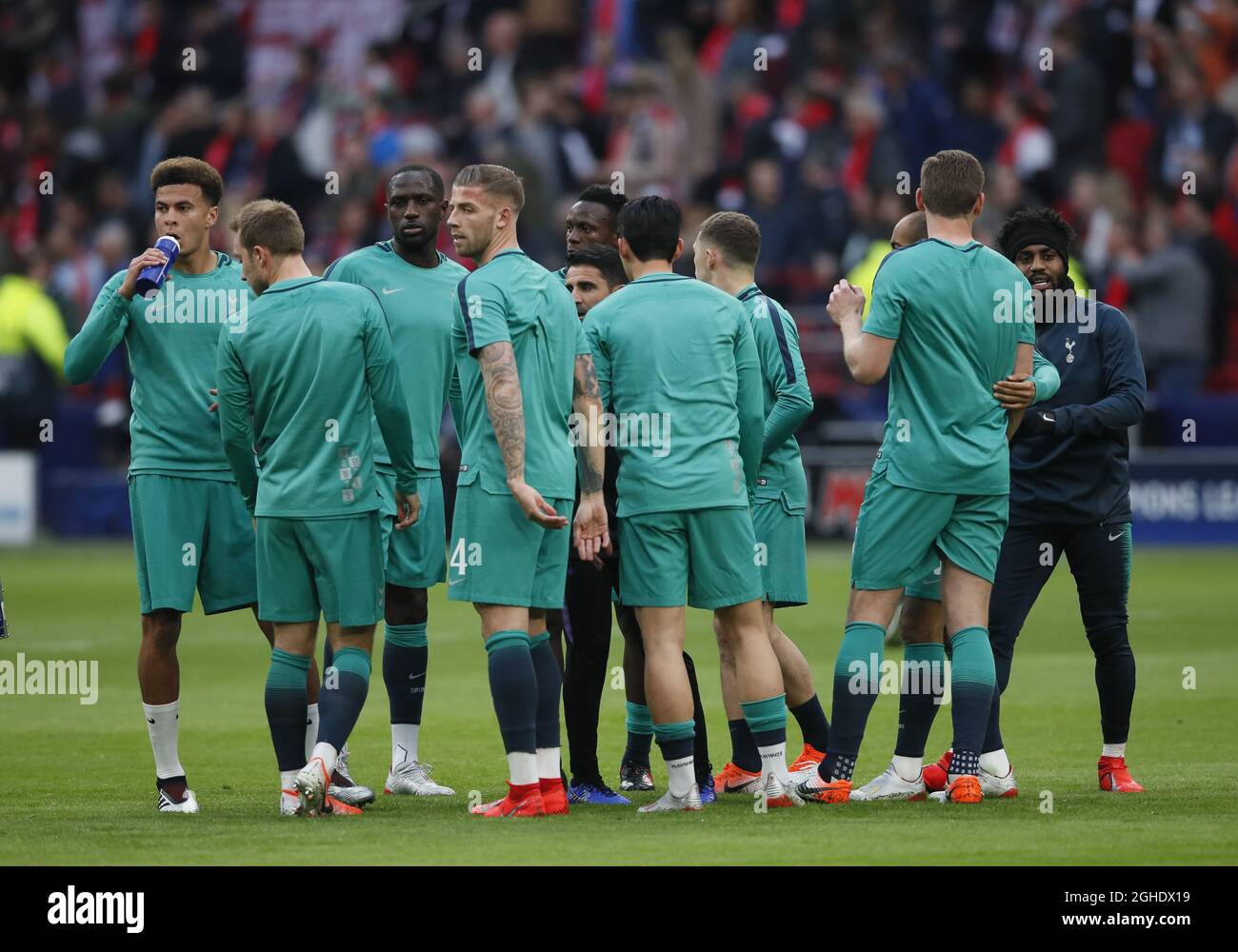 Tottenham players warm up during the UEFA Champions League match at the ...