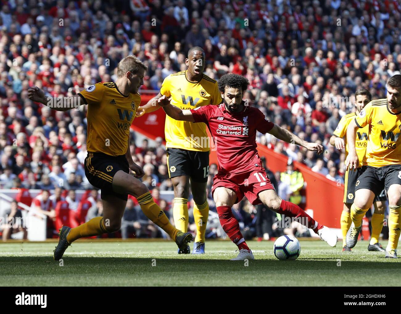 Mohamed Salah of Liverpool has a shot blocked during the Premier League ...