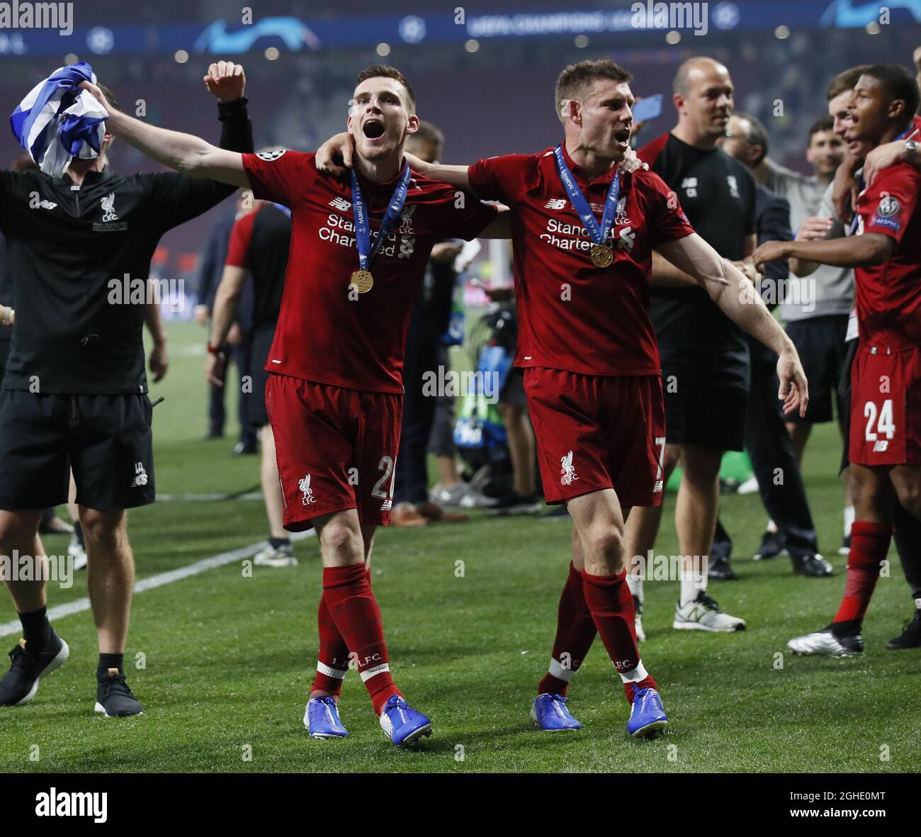 Andrew Robertson of Liverpool and James Milner of Liverpool celebrate ...