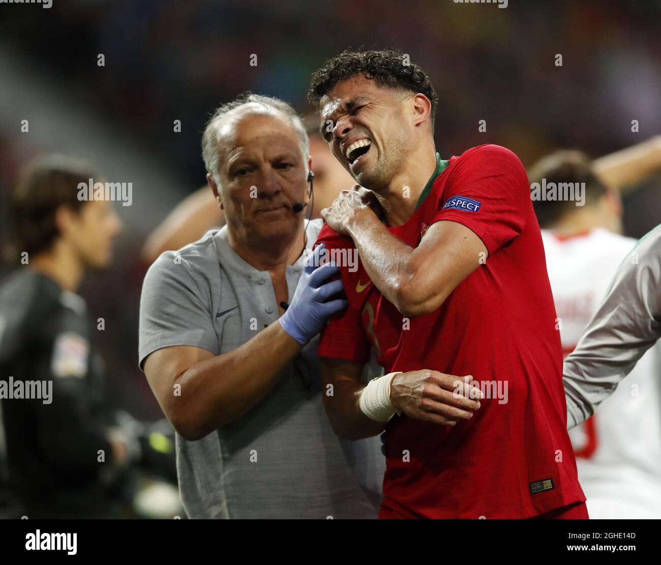Portugal's Pepe goes off injured during the UEFA Nations League match at the Dragon Stadium ...