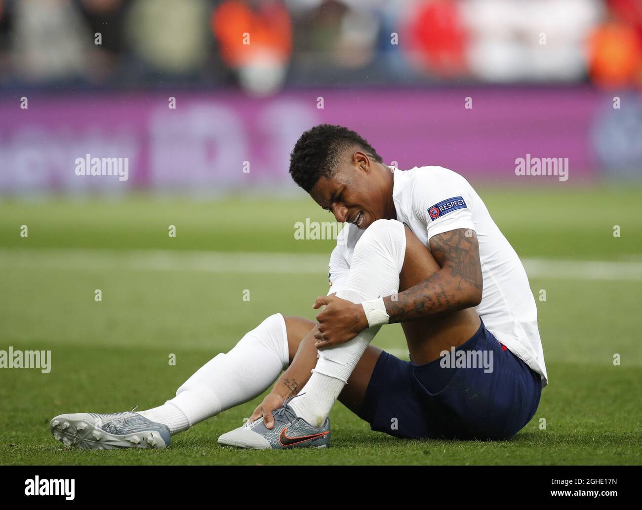 Marcus Rashford of England holds his foot before going off injured ...