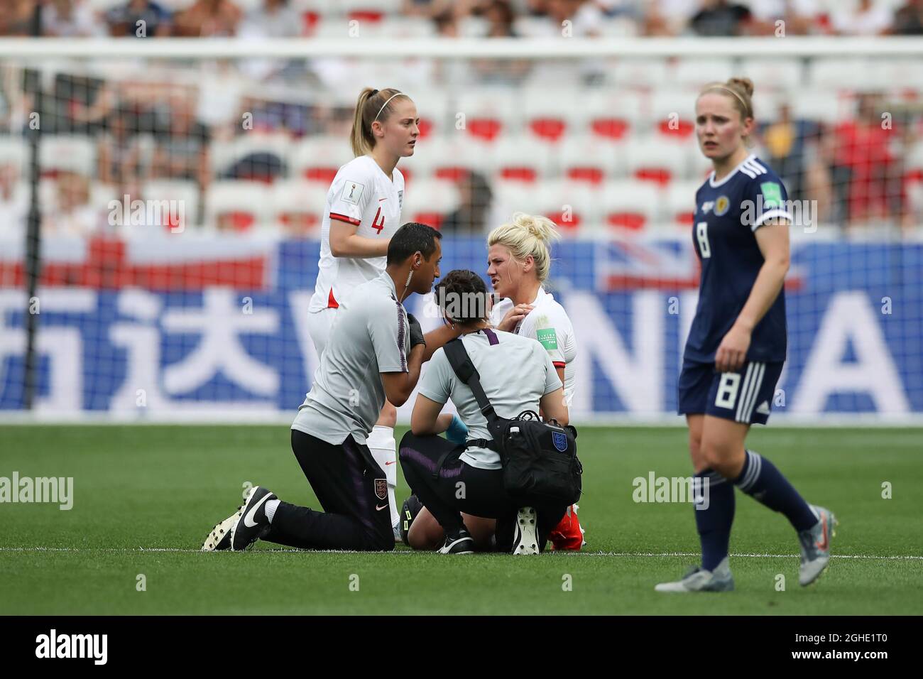 Millie Bright of England receives treatment for an injury during the ...