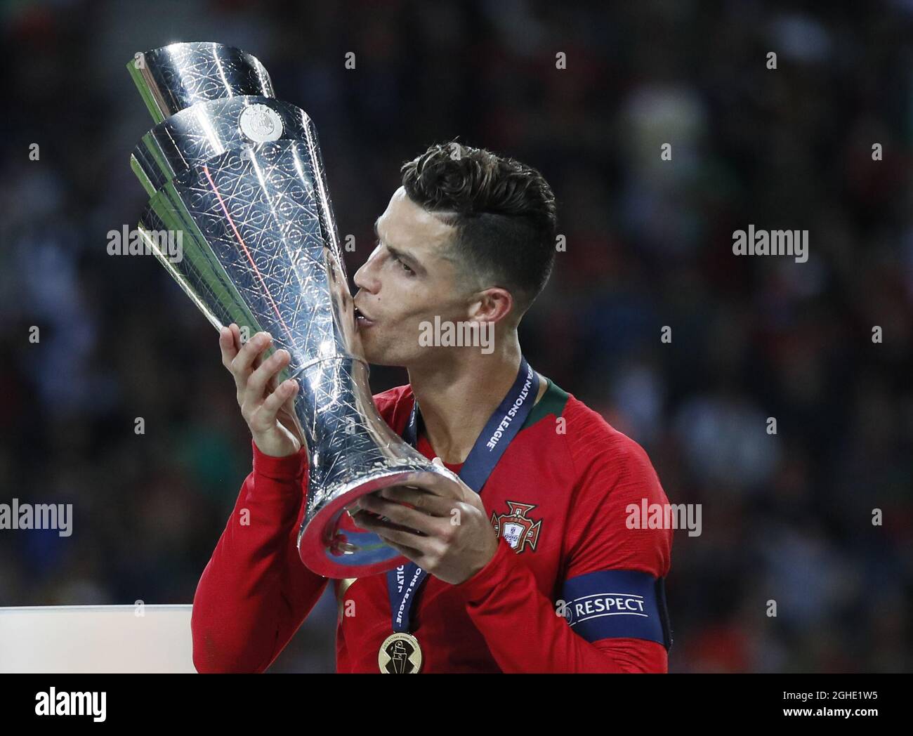 Cristiano Ronaldo of Portugal kisses the trophy during the UEFA Nations League match at the ...