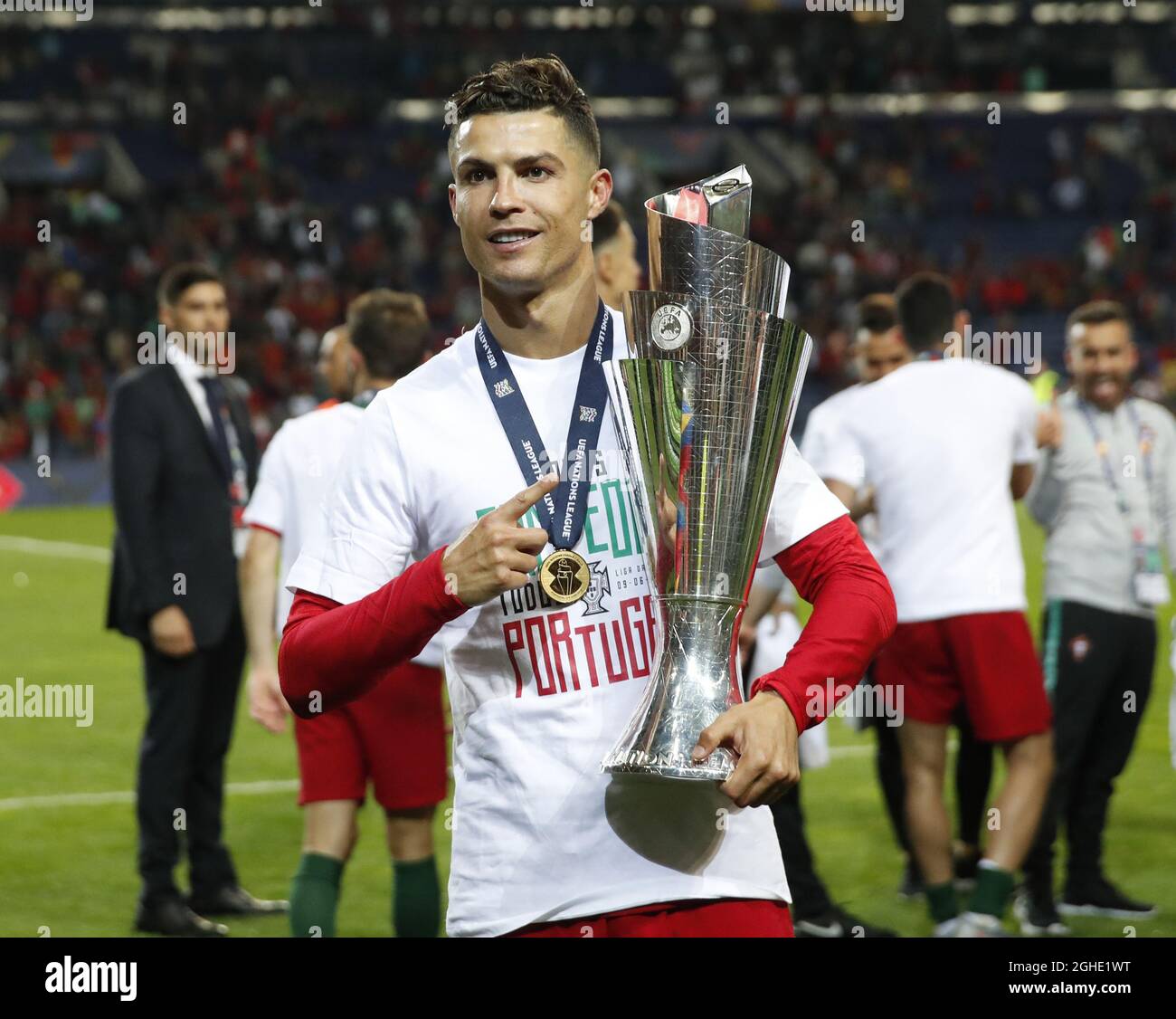 Cristiano Ronaldo of Portugal with the trophy during the UEFA Nations ...