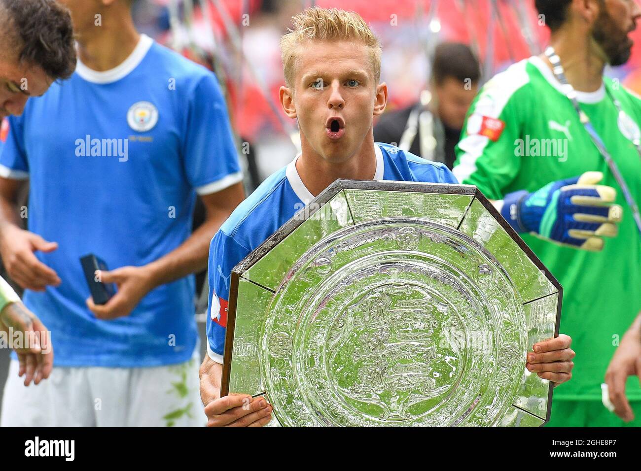 Oleksandr Zinchenko of Manchester City lifts the Community Shield ...