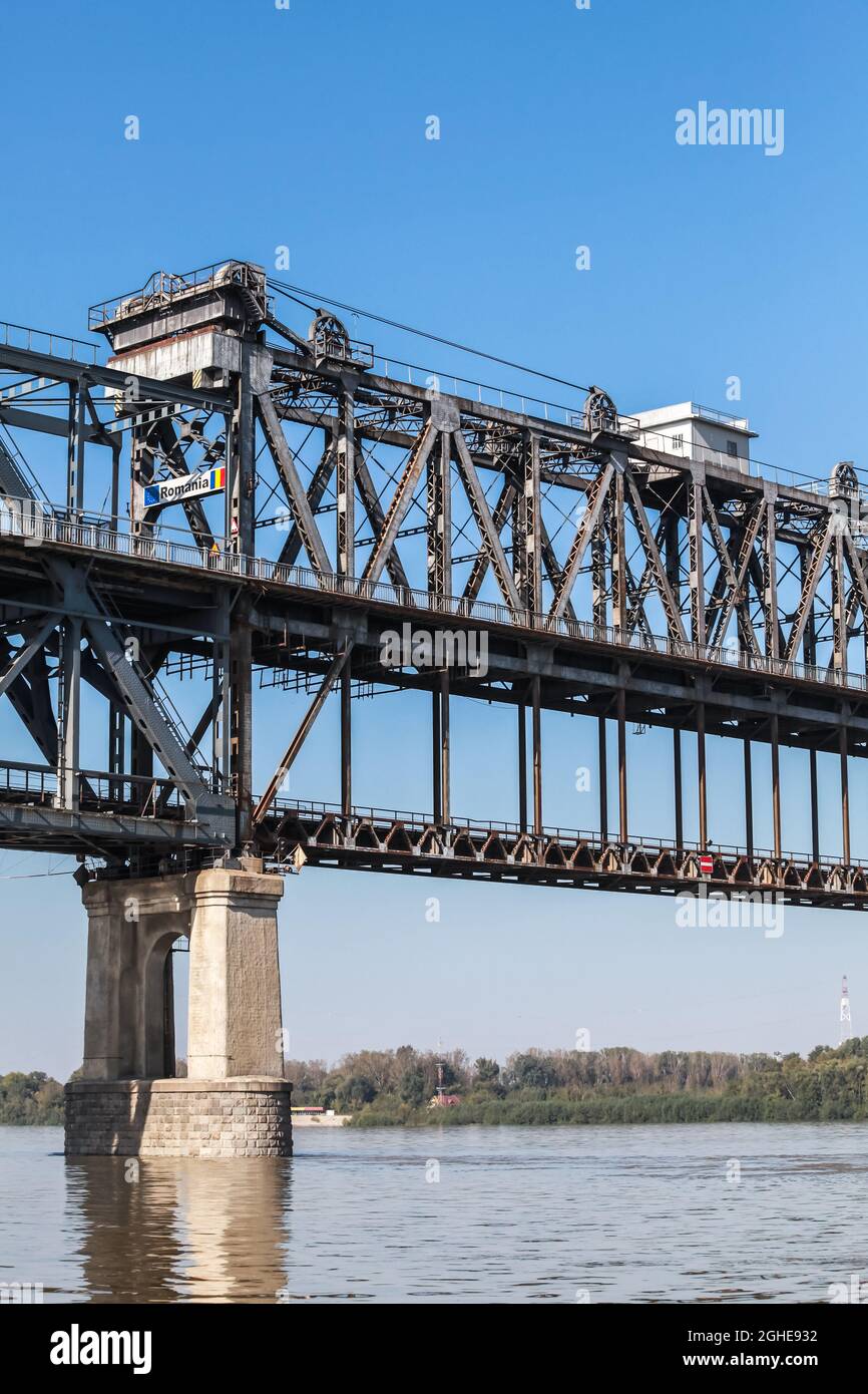 Vertical photo of Danube Bridge. This is a steel truss bridge over the ...