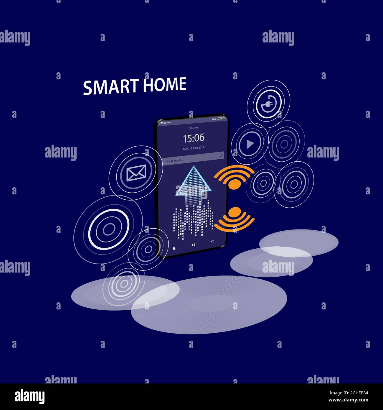 Smartphone with digital logo smart home stand at iot icons. Smart phone ...