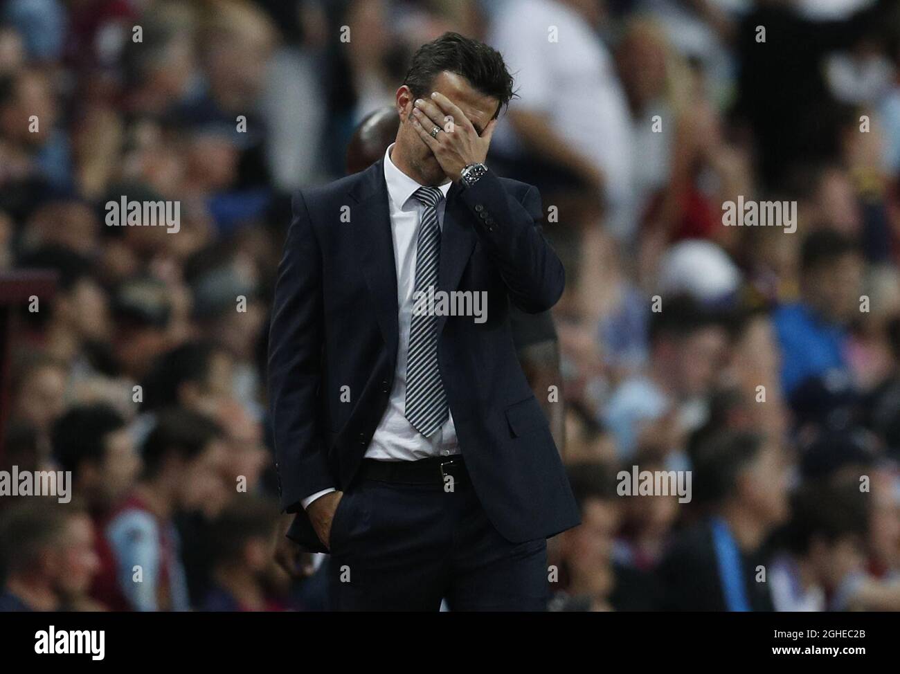 Marco Silva manager of Everton dejected during the Premier League match ...