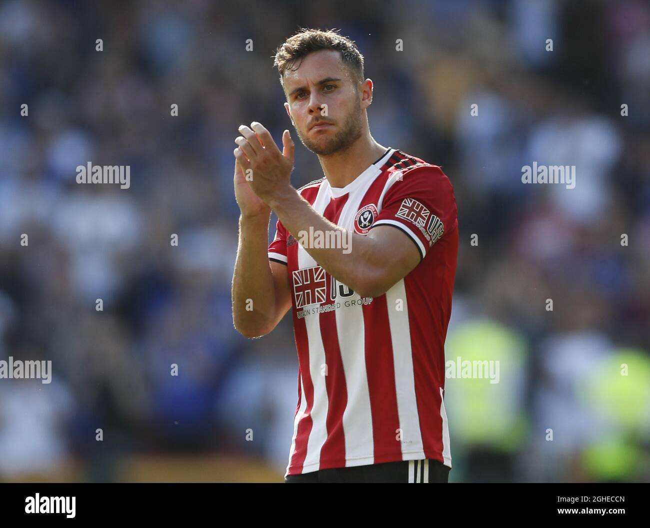 George Baldock of Sheffield Utd applauds the fans during the Premier ...