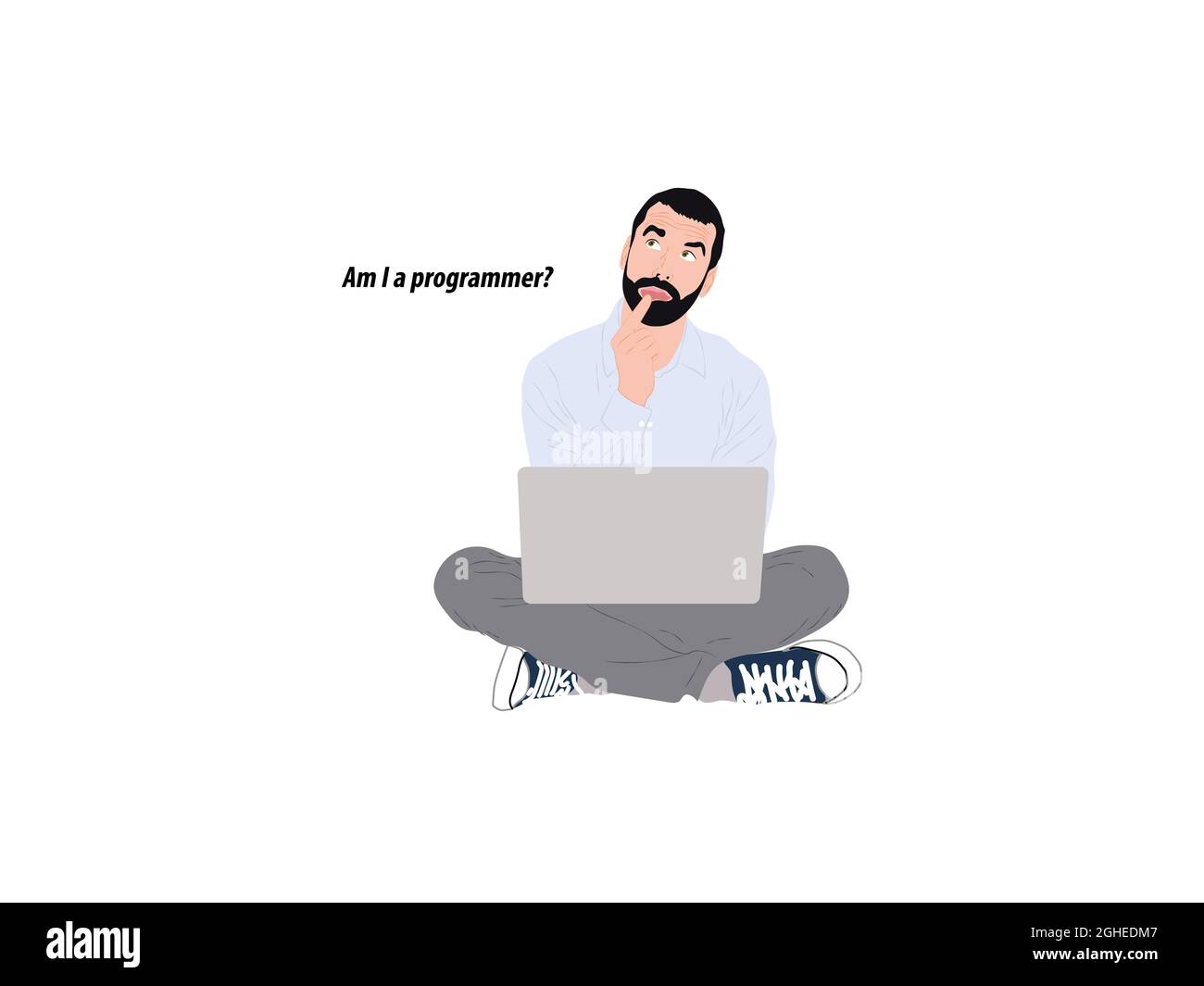 Young man with laptop, programmer isolated on white background. Flat ...